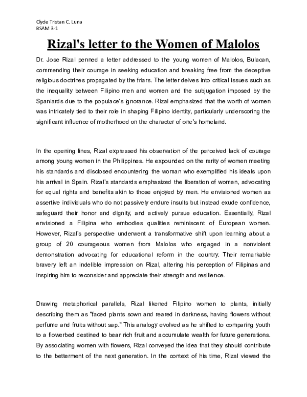 (DOC) Rizal's letter to the Women of Malolos