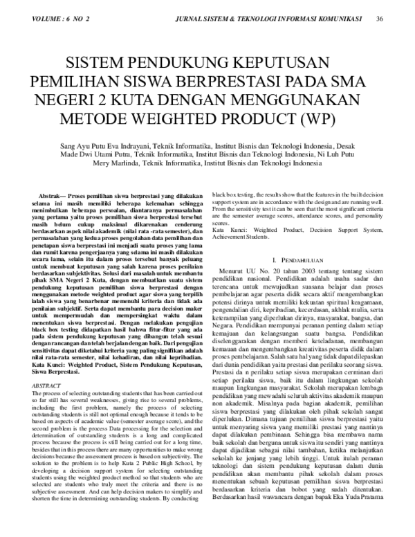 (PDF) Sistem Pendukung Keputusan Pemilihan Siswa Berprestasi Pada Sma Negeri 2 Kuta Dengan ...