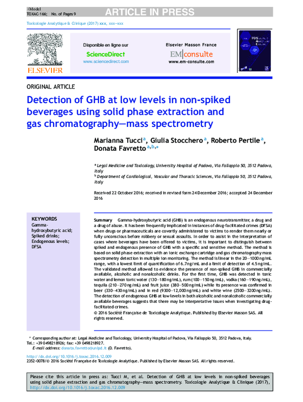 (PDF) Detection of GHB at low levels in non-spiked beverages using solid phase extraction and ...