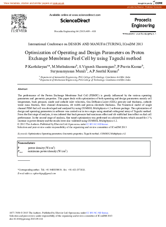 (PDF) Optimization of Operating and Design Parameters on Proton Exchange Membrane Fuel Cell by ...
