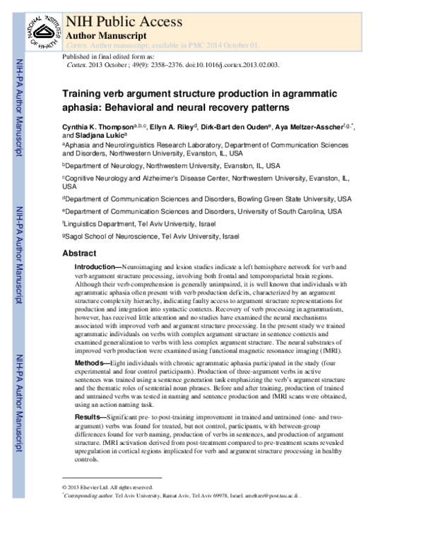 (PDF) Training verb argument structure production in agrammatic aphasia ...