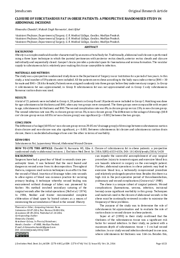 (PDF) Closure of Subcutaneous Fat in Obese Patients: A Prospective ...