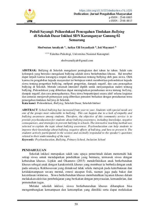 (PDF) Peduli Sayangi: Psikoedukasi Pencegahan Tindakan Bullying di Sekolah Dasar Inklusi SDN ...