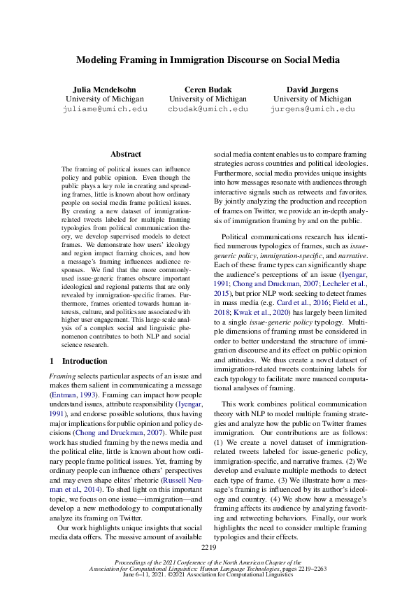 (PDF) Modeling Framing in Immigration Discourse on Social Media