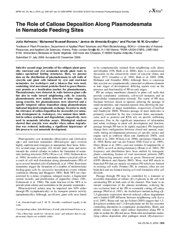 (PDF) The Role of Callose Deposition Along Plasmodesmata in Nematode ...