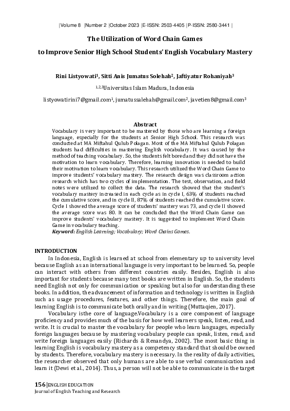 (PDF) The Utilization of Chain Word Games to Improve Senior High School ...