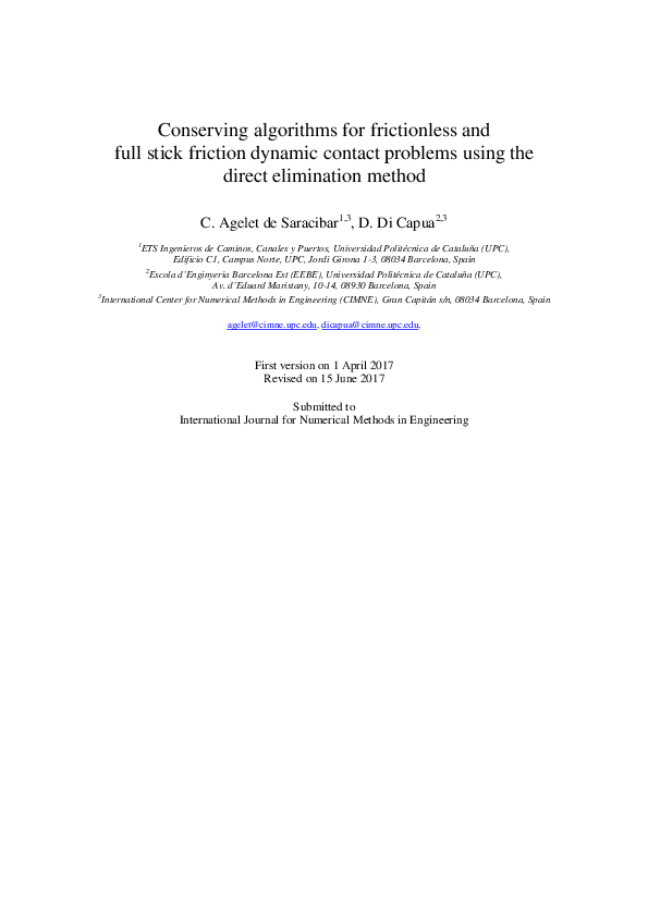 Pdf Conserving Algorithms For Frictionless And Full Stick Friction Dynamic Contact Problems