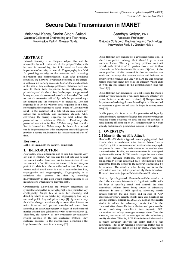(PDF) Secure Data Transmission in MANET | Dr. Sandhya Katiyar - Academia.edu
