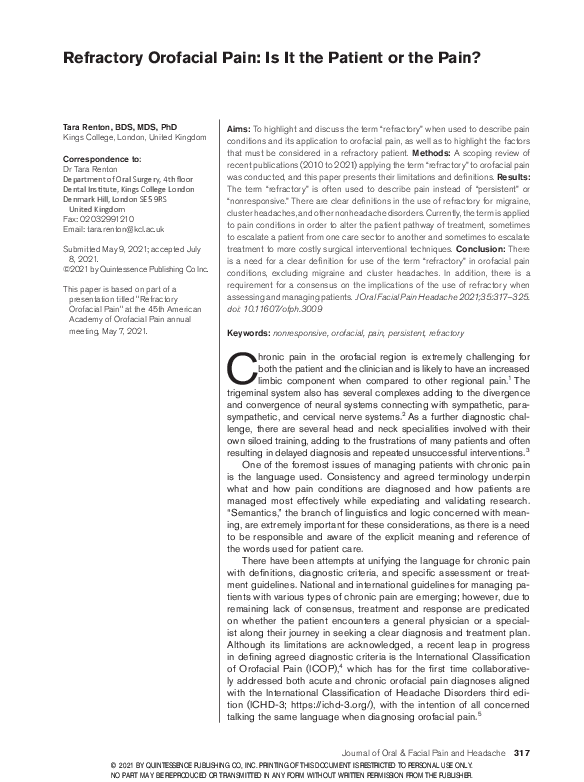 (PDF) Refractory Orofacial Pain: Is It the Patient or the Pain? | Tara ...