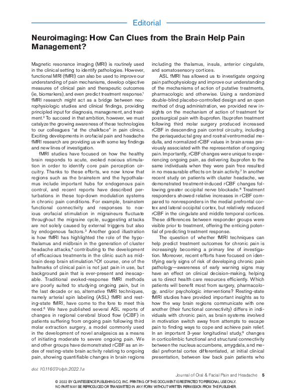 (PDF) Editorial: Neuroimaging: How Can Clues from the Brain Help Pain Management?