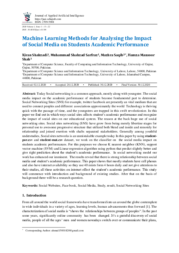 (PDF) Machine Learning Methods for Analysing the Impact of Social Media on Students Academic ...