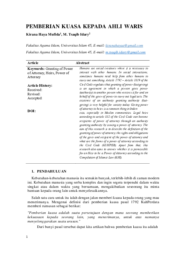 (PDF) PEMBERIAN KUASA KEPADA AHLI WARIS