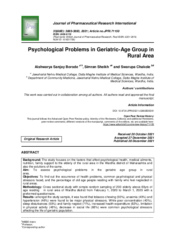 (PDF) Psychological Problems in Geriatric-Age Group in Rural Area