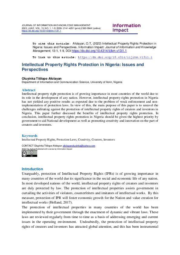 (PDF) Intellectual Property Rights Protection in Nigeria: Issues and ...
