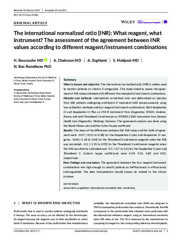 (PDF) The international normalized ratio (INR): What reagent, what ...