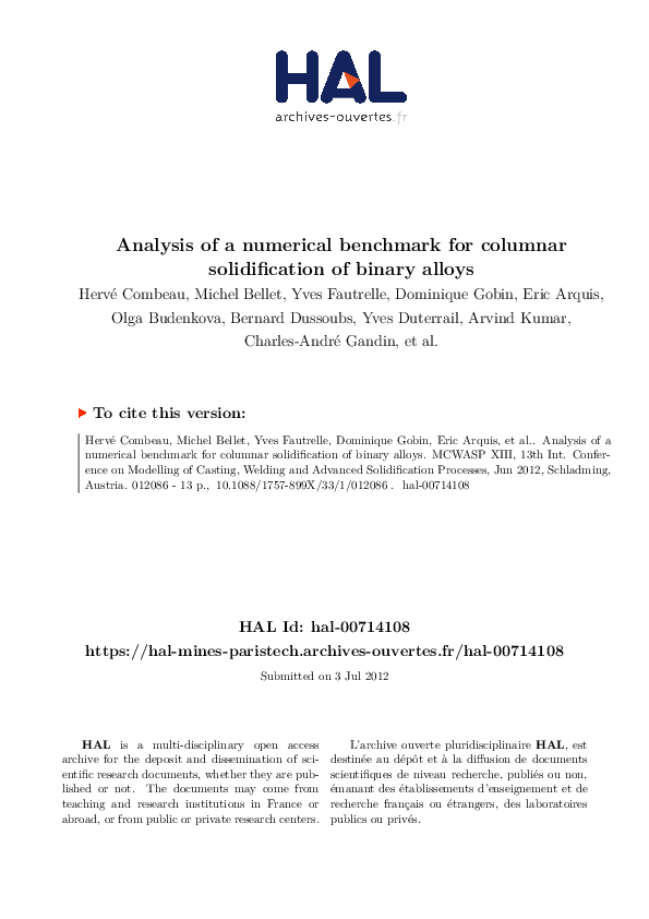 Pdf Analysis Of A Numerical Benchmark For Columnar Solidification Of Binary Alloys Dr