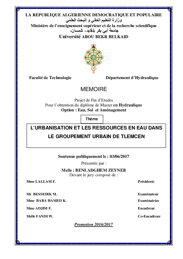 (PDF) L’Urbanisation et Les Ressources en Eau Dans Le Groupement Urbain De Tlemcen
