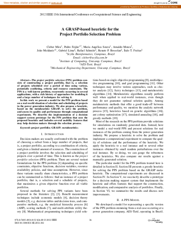 (PDF) A GRASP-based Heuristic for the Project Portfolio Selection Problem