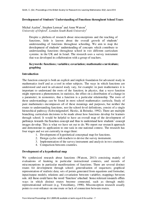 (PDF) Development of students’ understanding of functions throughout school years