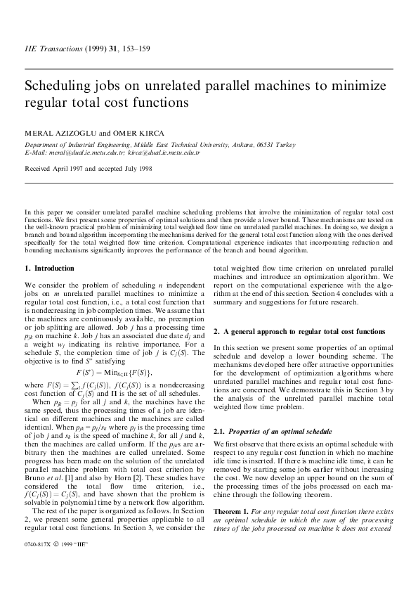 Pdf Scheduling Jobs On Unrelated Parallel Machines To Minimize Regular Total Cost Functions