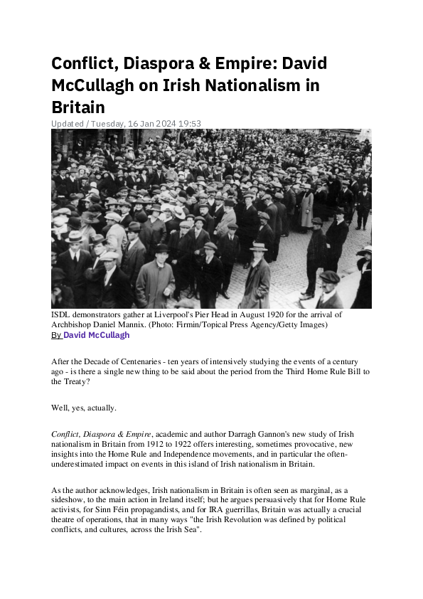 (PDF) 'Conflict, Diaspora, & Empire' review: David McCullagh (RTE)