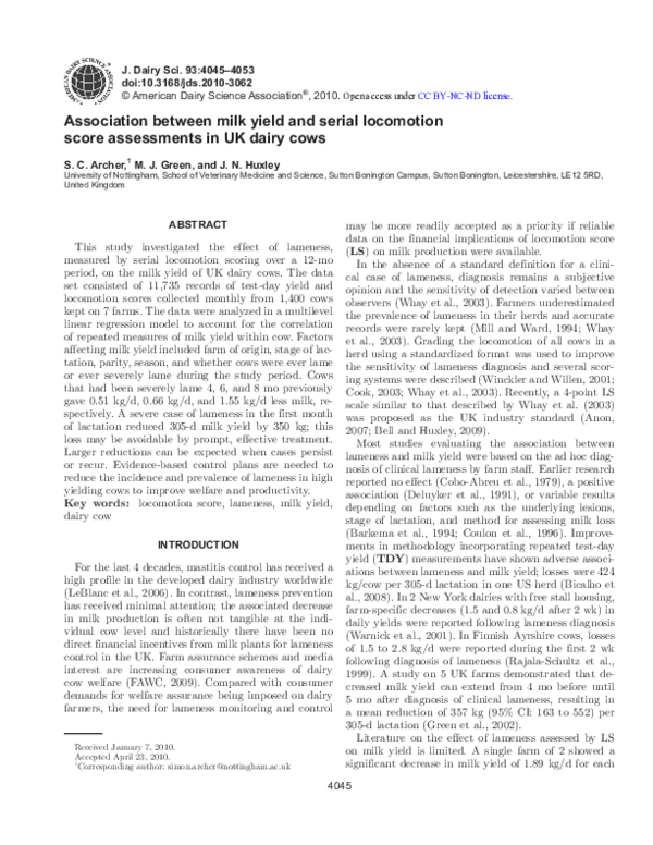 (PDF) Association between milk yield and serial locomotion score assessments in UK dairy cows