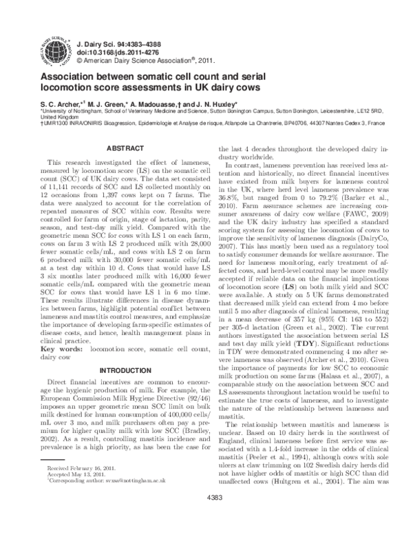 (PDF) Association between somatic cell count and serial locomotion score assessments in UK dairy ...