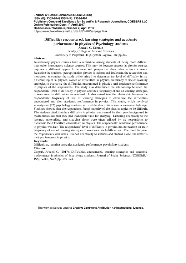 (PDF) Difficulties encountered, learning strategies and academic ...