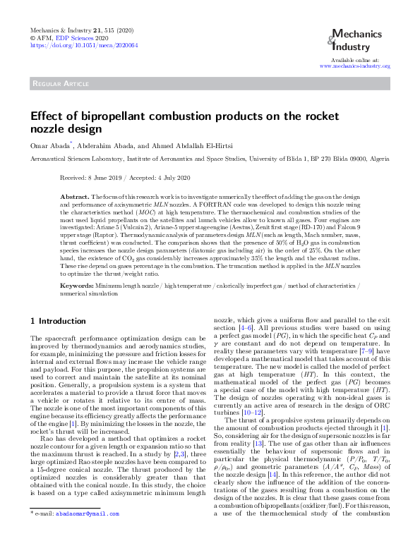 (PDF) Effect of bipropellant combustion products on the rocket nozzle design