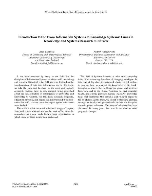 Pdf Introduction To The Minitrack From Information Systems To Knowledge Systems Issues In