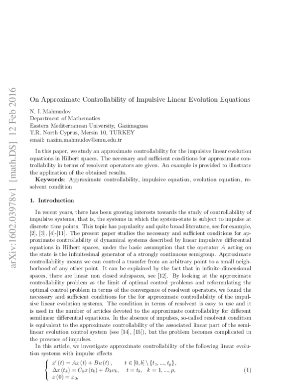 (PDF) On Approximate Controllability of Impulsive Linear Evolution ...