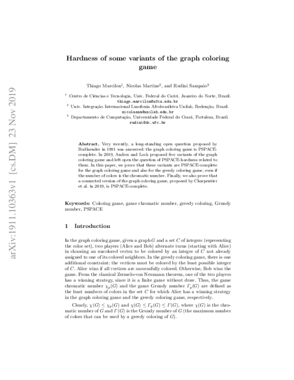 (PDF) Hardness of some variants of the graph coloring game | Nicolas ...