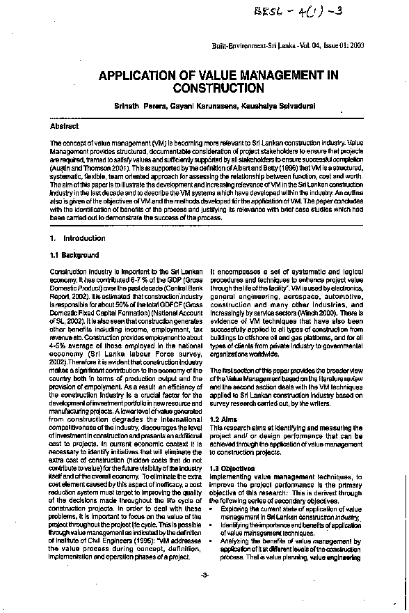 (PDF) Application of value management in construction
