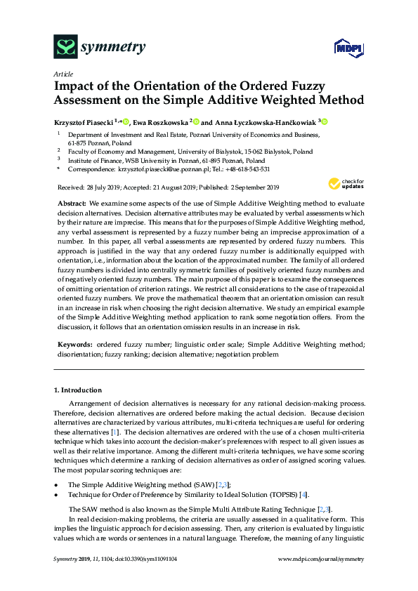 (PDF) Impact of the Orientation of the Ordered Fuzzy Assessment on the Simple Additive Weighted ...