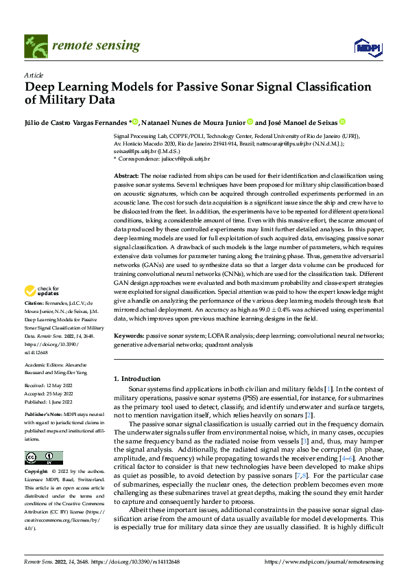 (PDF) Deep Learning Models for Passive Sonar Signal Classification of Military Data