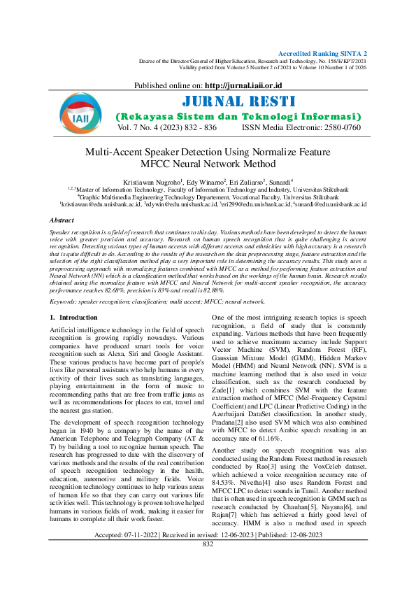 Pdf Multi Accent Speaker Detection Using Normalize Feature Mfcc Neural Network Method Dr