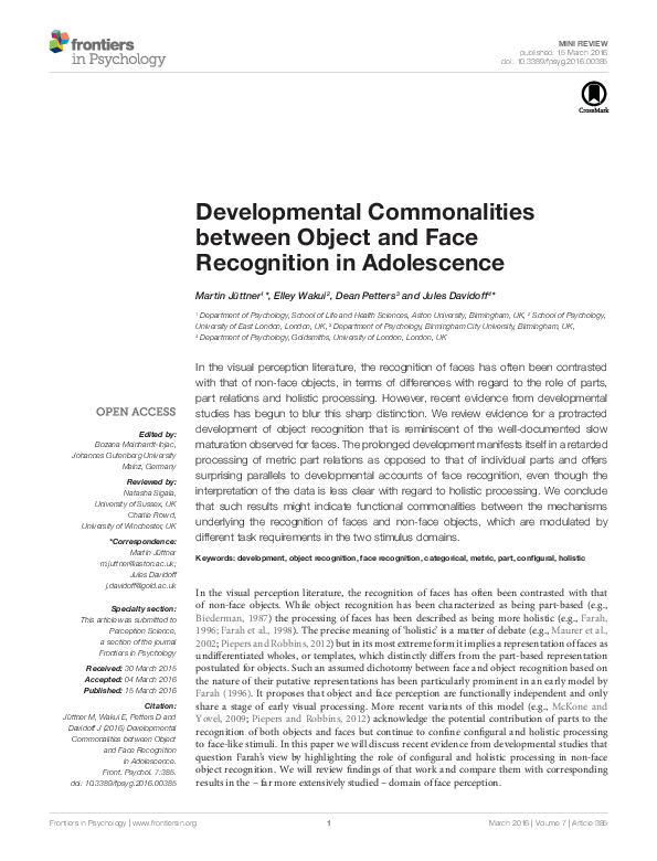 (PDF) Developmental Commonalities between Object and Face Recognition in Adolescence