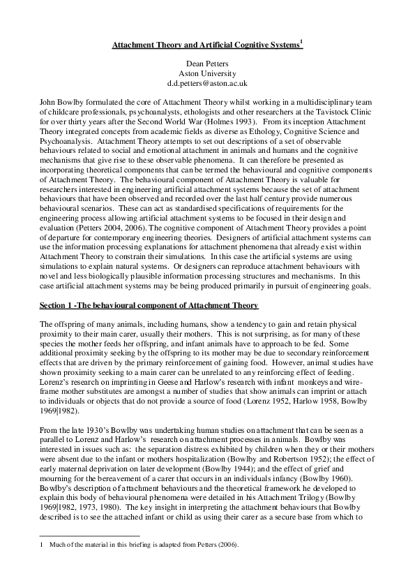 (PDF) Attachment Theory and Artificial Cognitive Systems 1