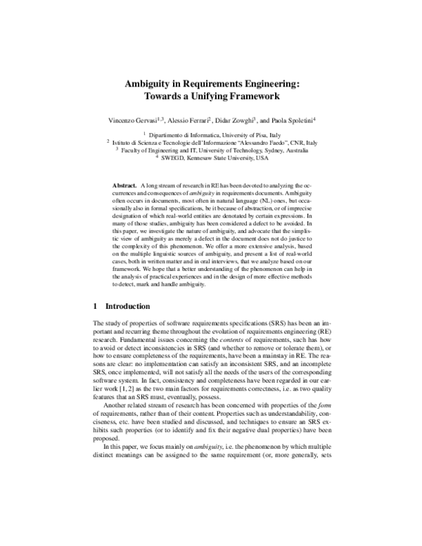 Pdf Ambiguity In Requirements Engineering Towards A Unifying Framework