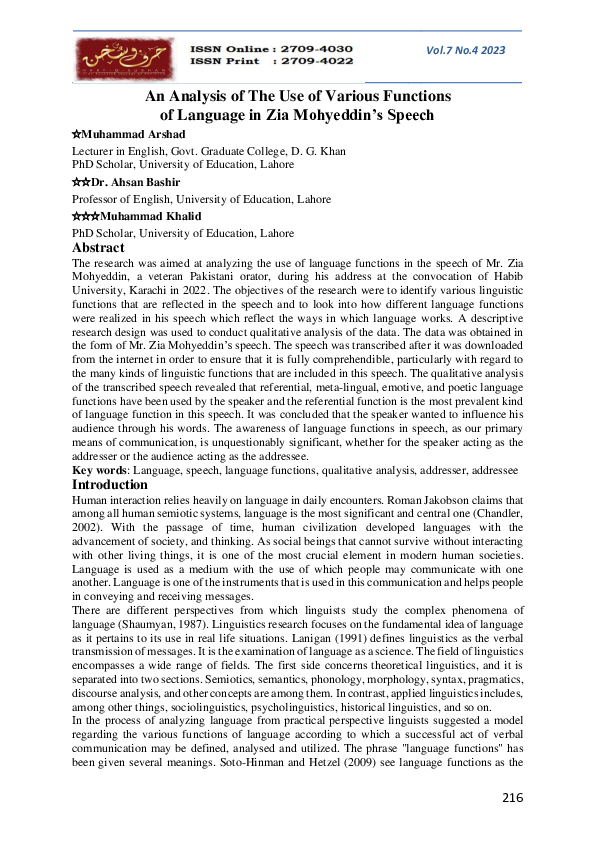 (PDF) An Analysis of The Use of Various Functions of Language in Zia Mohyeddin's Speech