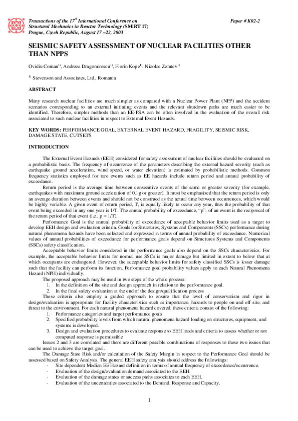 (PDF) Seismic Safety Assessment of Nuclear Facilities other than NPPS (K540)