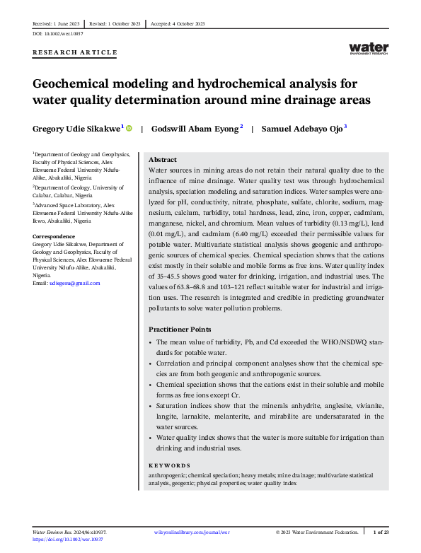 Pdf Geochemical Modeling And Hydrochemical Analysis For Water Quality Determination Around