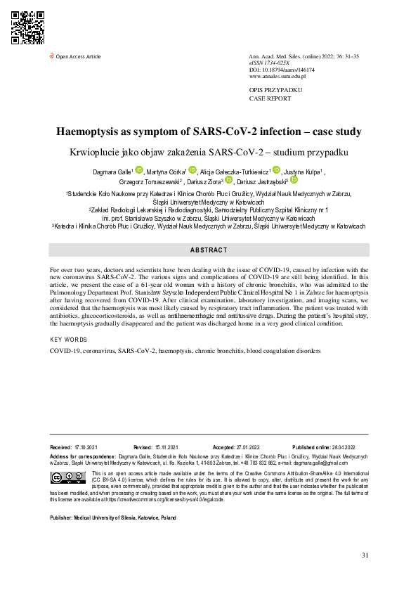 (PDF) Haemoptysis as symptom of SARS-CoV-2 infection – case study