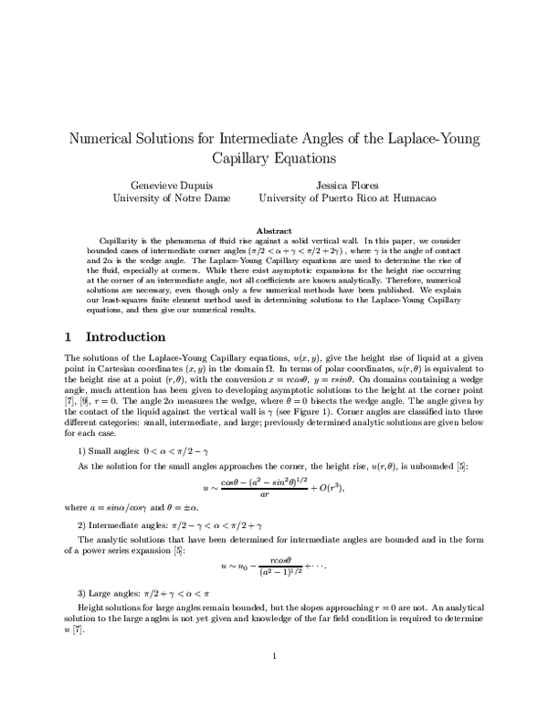 Pdf Numerical Solutions For Intermediate Angles Of The Laplace Young Capillary Equations