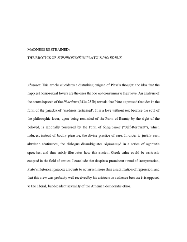 (PDF) Madness Restrained: The Erotics of Sôphrosunê in Plato's Phaedrus [DRAFT]
