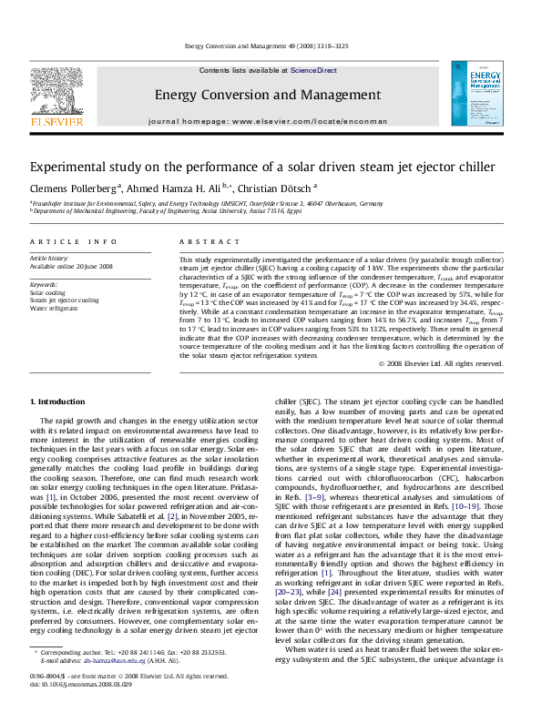 (PDF) Experimental study on the performance of a solar driven steam jet ejector chiller | ahmed ...