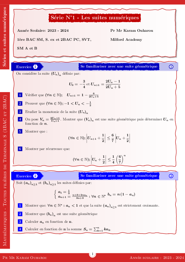 (PDF) Série d'exercices N°1 - Les suites numériques, 1ère BAC SM et S ...