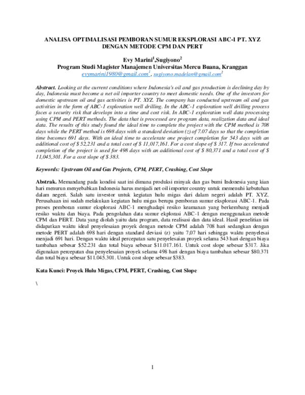 (PDF) Analisa Optimalisasi Pemboran Sumur Eksplorasi ABC-1 Pt. Xyz Dengan Metode CPM Dan Pert