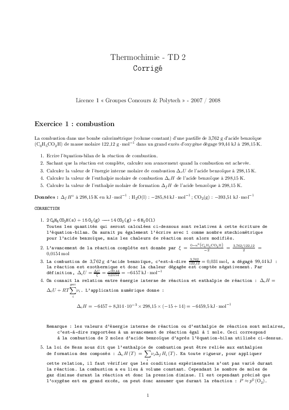 (PDF) Thermochimie -TD 2 Corrigé