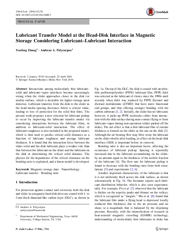 (PDF) Lubricant Transfer Model at the Head-Disk Interface in Magnetic Storage Considering ...